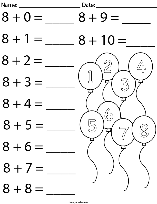Addition Facts Number 8 Math Worksheet Twisty Noodle Addition Facts Number 8 Math Worksheet Twisty Noodle